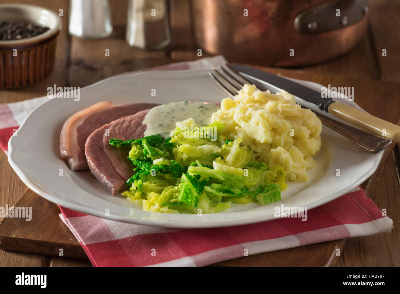 Irish bacon and cabbage with parsley sauce. Ireland Food Stock Photo ...