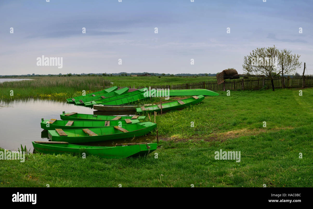 Green boats at National park Serbia Stock Photo - Alamy