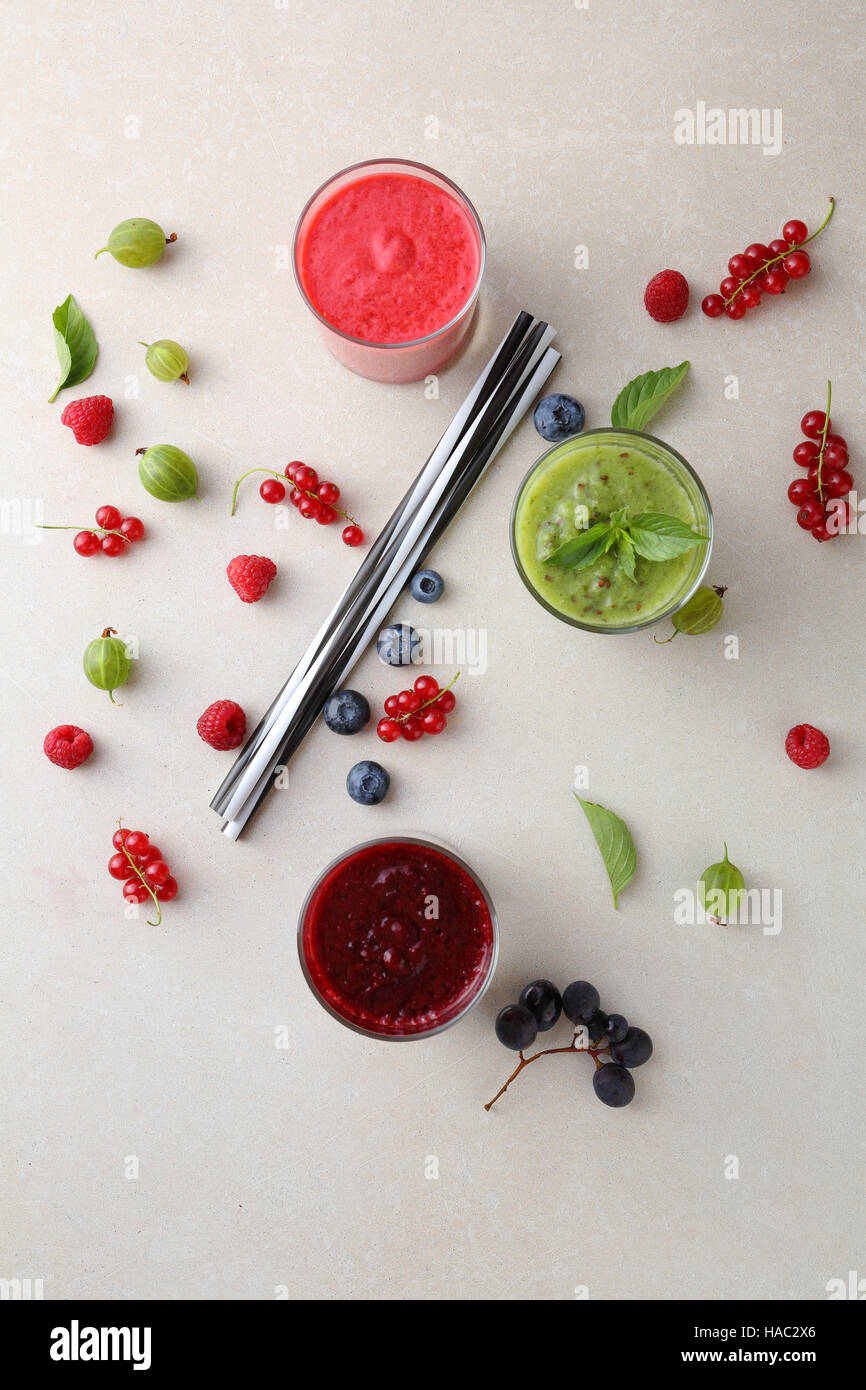 Three fruits smoothie, food top view Stock Photo - Alamy