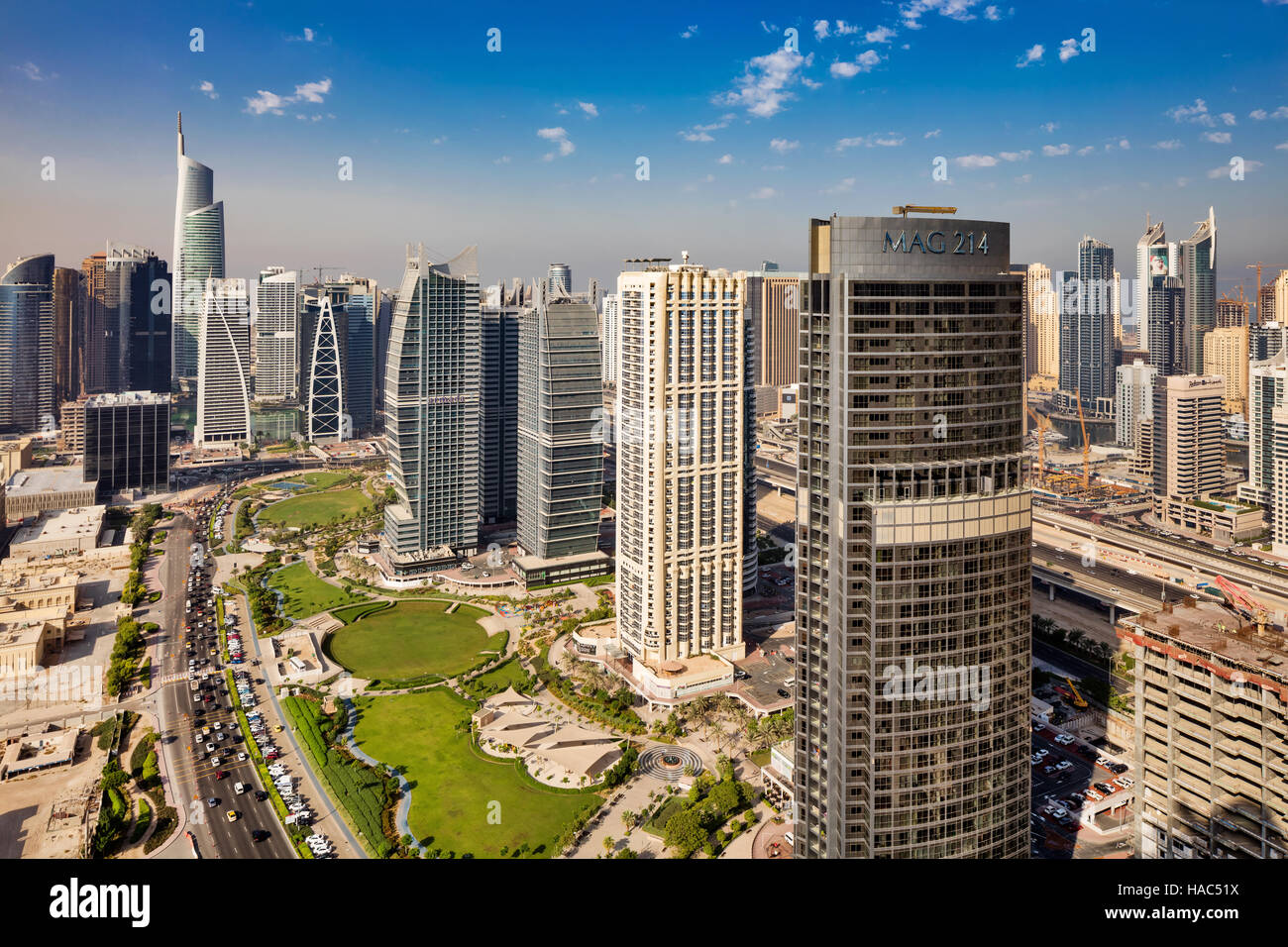 A skyline view of Jumeirah Lakes Towers, Dubai, UAE. Dubai Marina is in ...