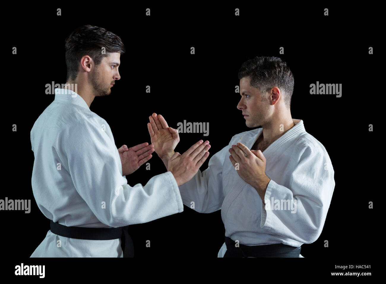 Two karate fighters practicing karate Stock Photo - Alamy