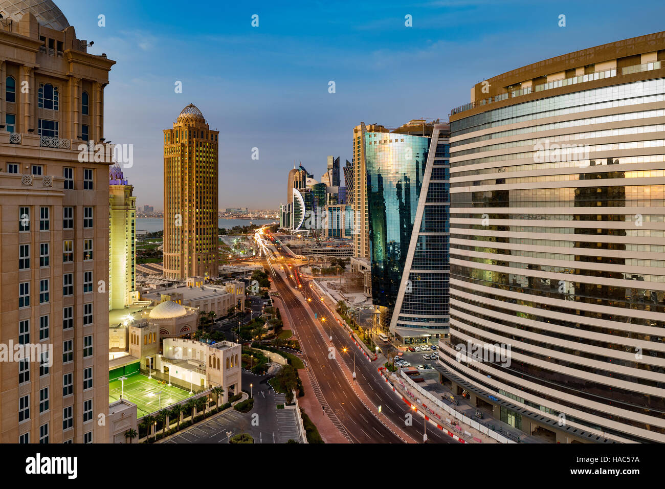 A skyline view of Doha City Centre at dusk in Doha, Qatar Stock Photo ...