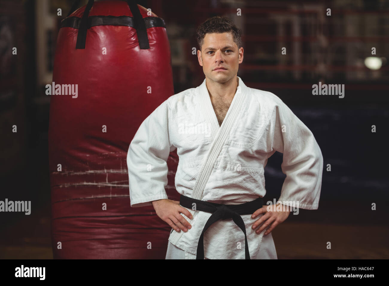 Karate player with hands on hips standing in fitness studio Stock Photo ...