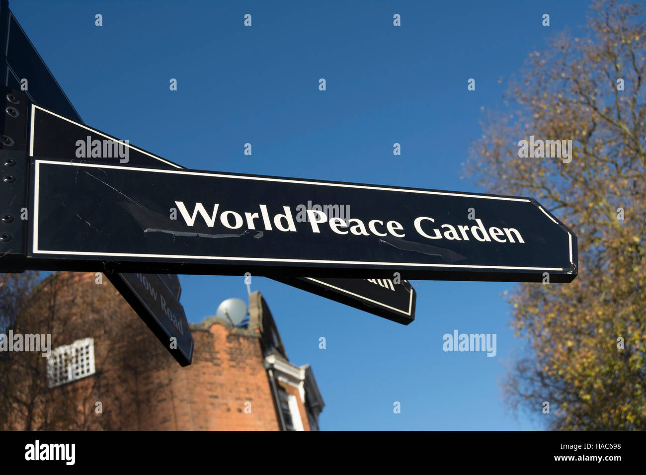 direction sign for the world peace garden, hampstead, london, england ...