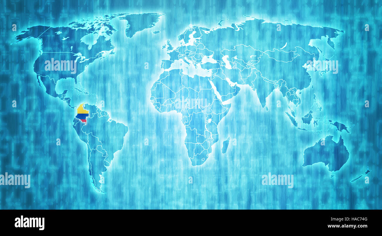 colombia flag on blue digital world map with actual national borders ...