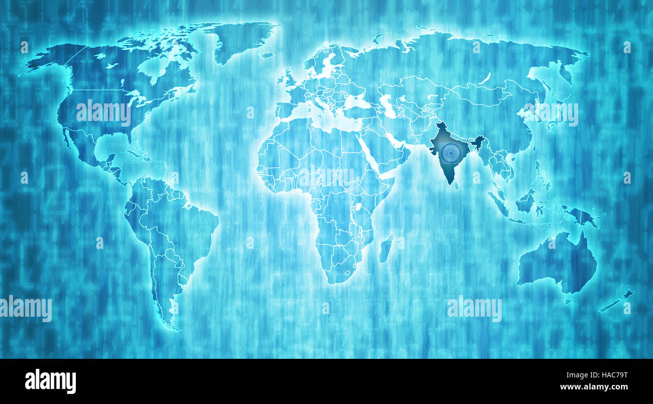 india flag on blue digital world map with actual national borders Stock ...