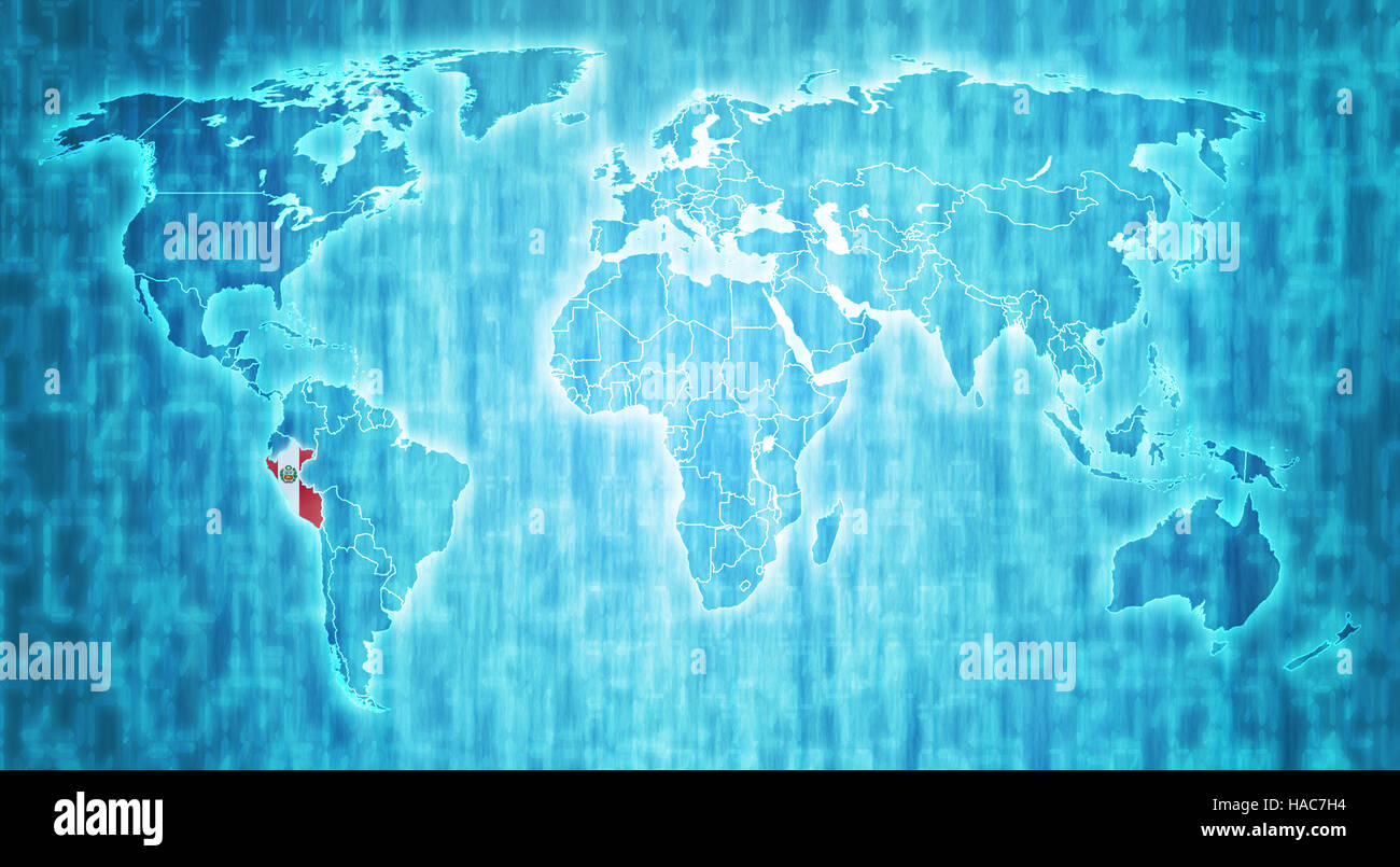 peru flag on blue digital world map with actual national borders Stock ...