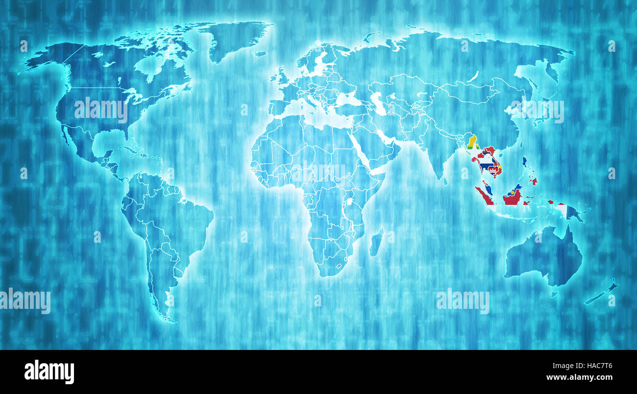 ASEAN members flags on blue digital world map with actual national ...