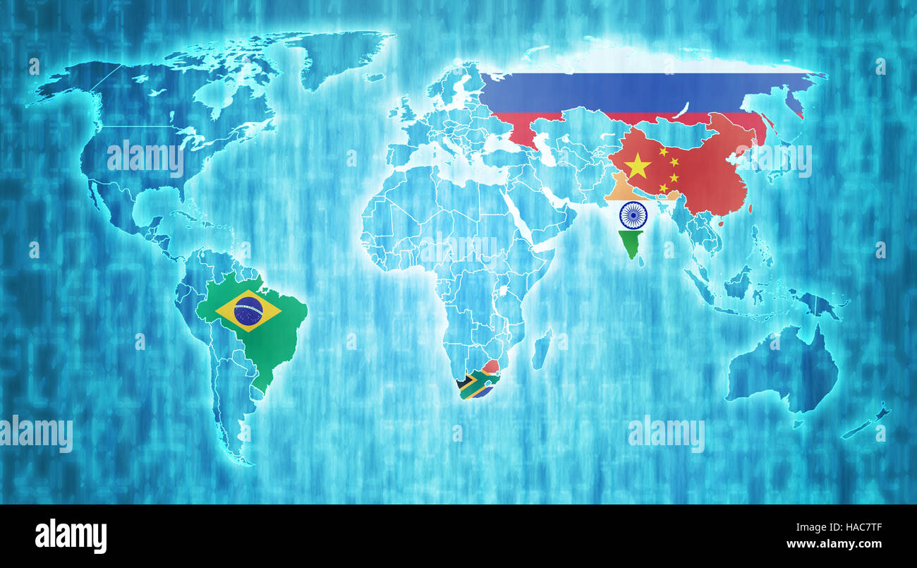 BRICS countries flags on blue digital world map with actual national ...