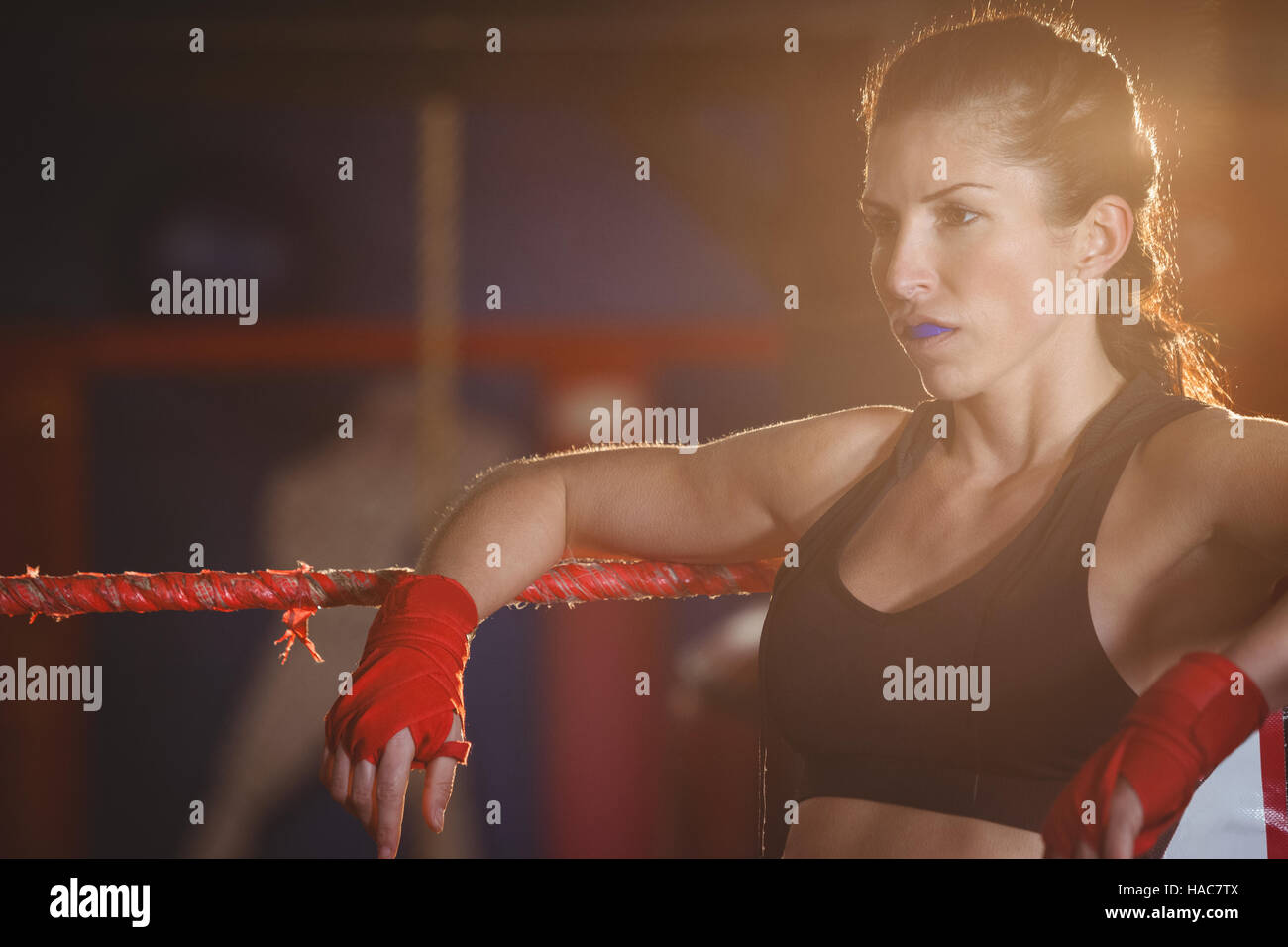 Thoughtful female boxer sitting in the ring Stock Photo - Alamy