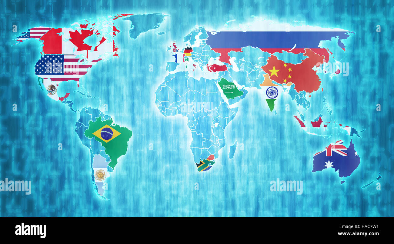 group of twenty country flags on blue digital world map with actual ...