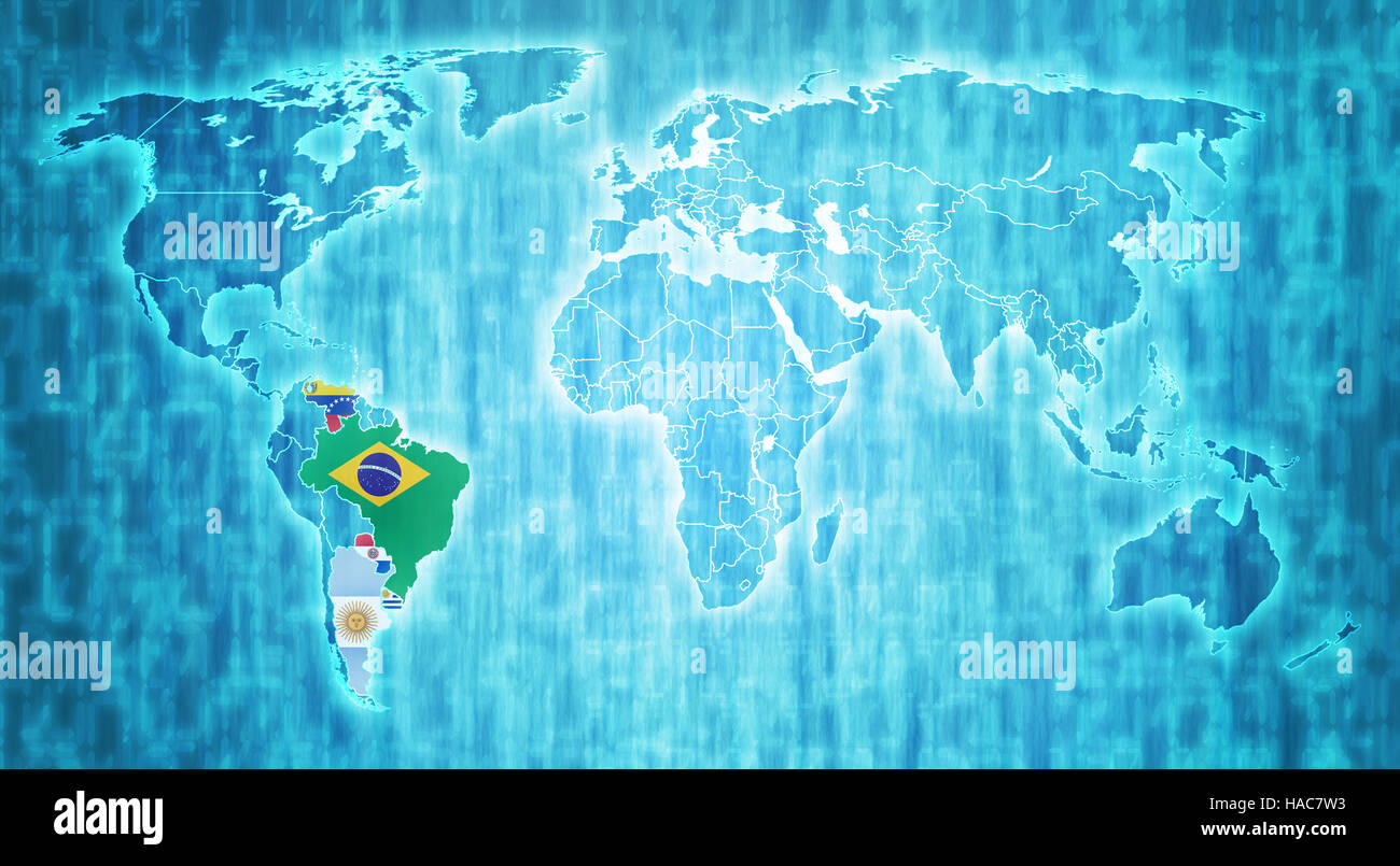 Mercosur members flags on blue digital world map with actual national ...