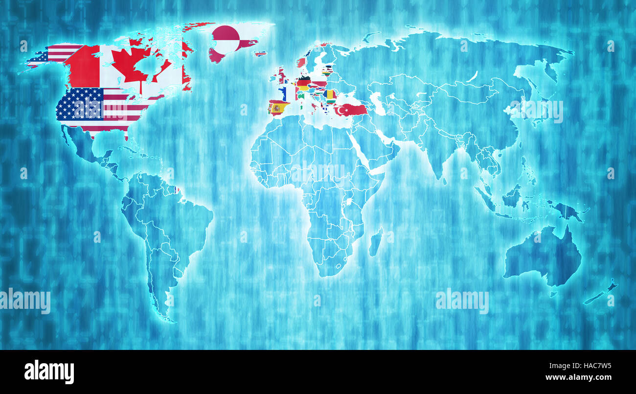 NATO flag on blue digital world map with actual national borders Stock ...