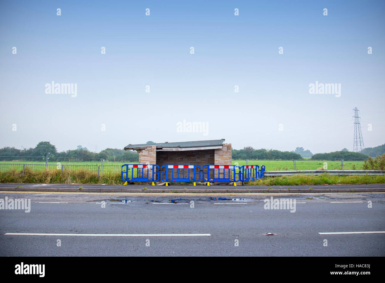 Damaged and protected bus stop in Cheshire UK Stock Photo - Alamy
