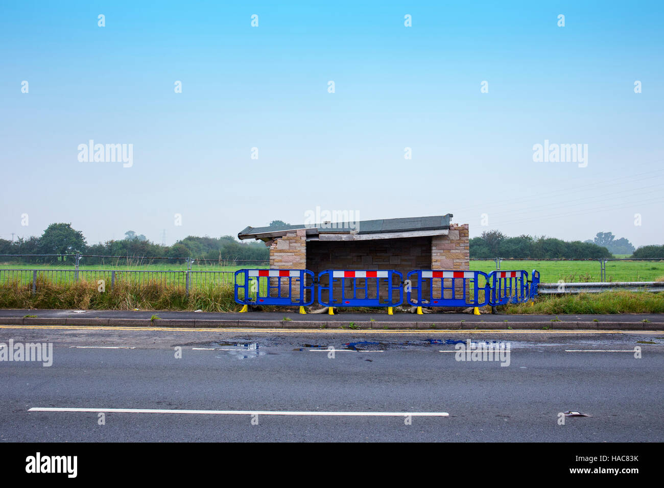 Damaged and protected bus stop in Cheshire UK Stock Photo - Alamy