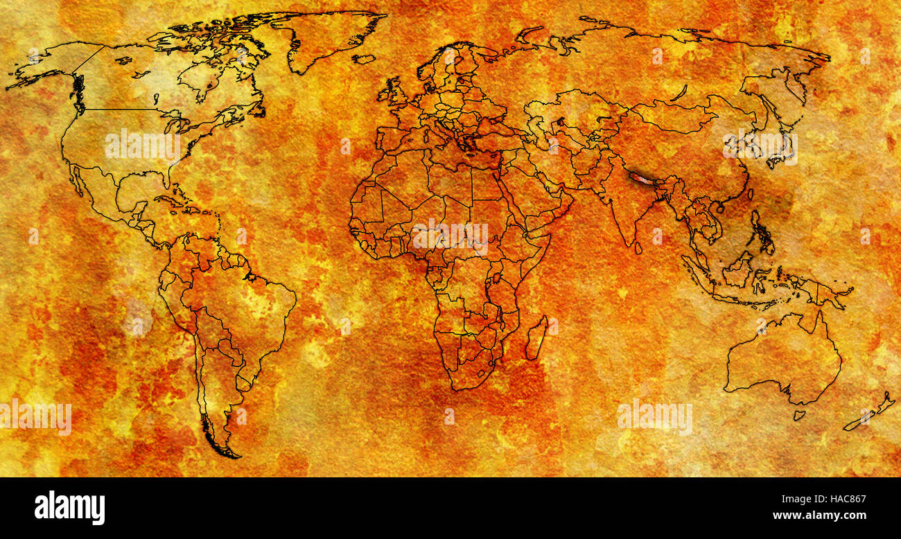 nepal flag on old vintage world map with national borders Stock Photo ...
