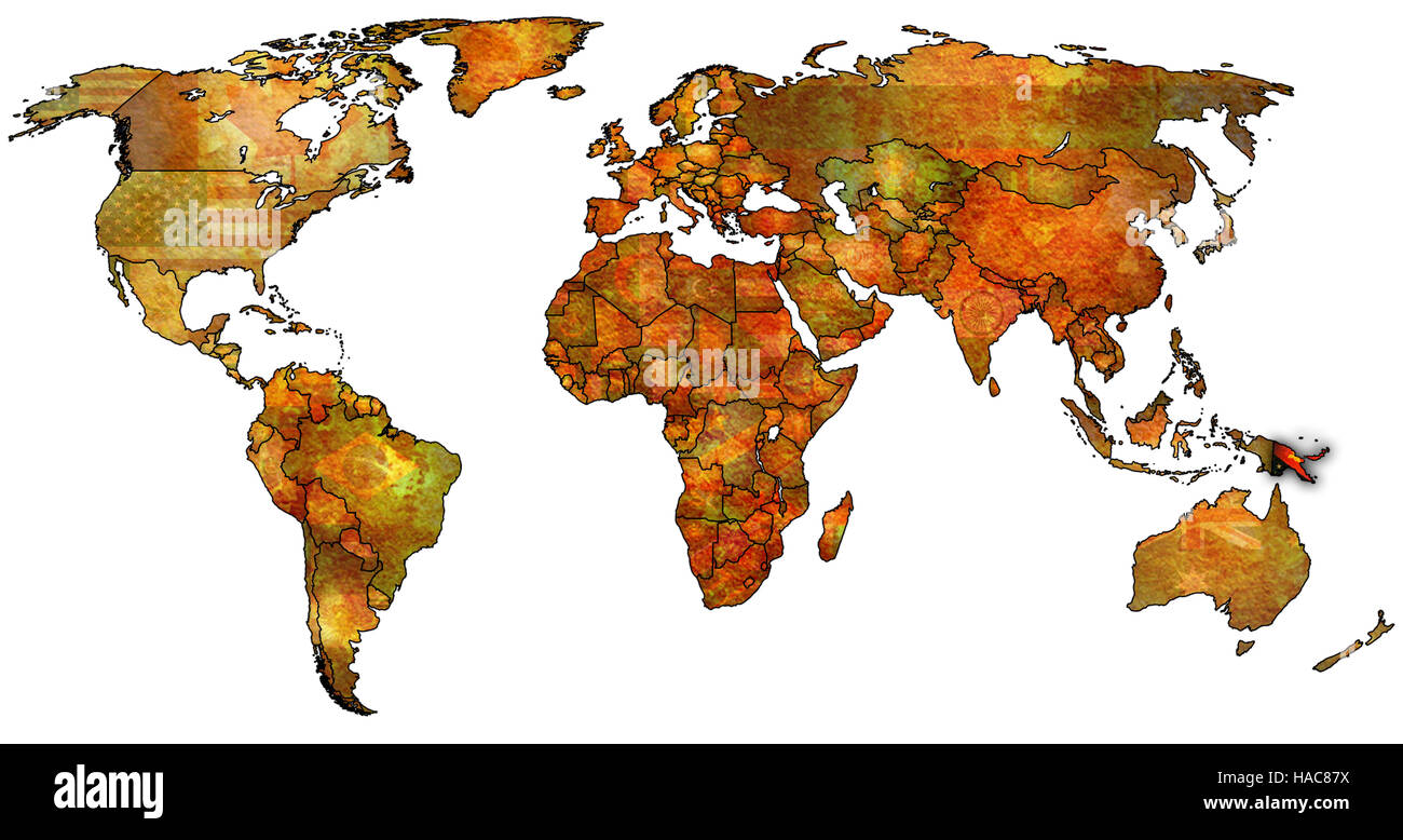 papua new guinea flag on old vintage world map with national borders ...