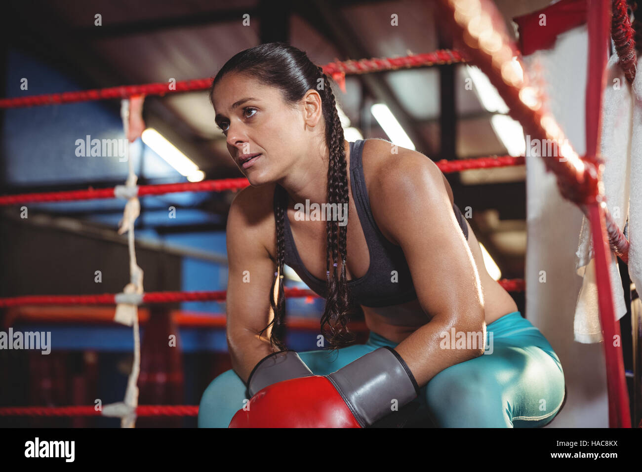 Tired female boxer sitting in the ring Stock Photo - Alamy