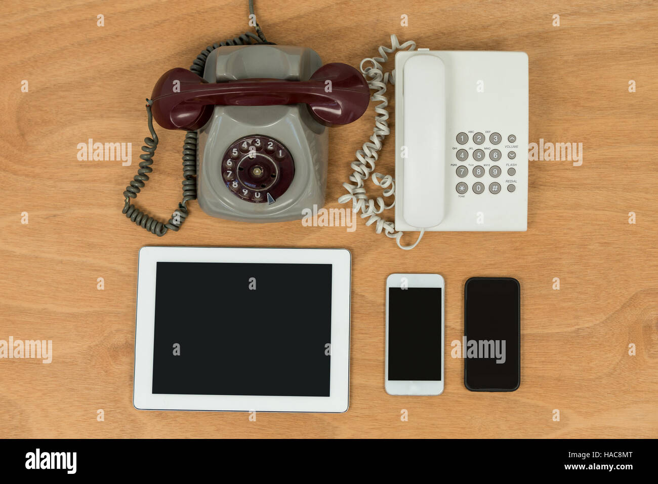 Vintage telephone, modern telephone, digital tablet and mobile phones ...