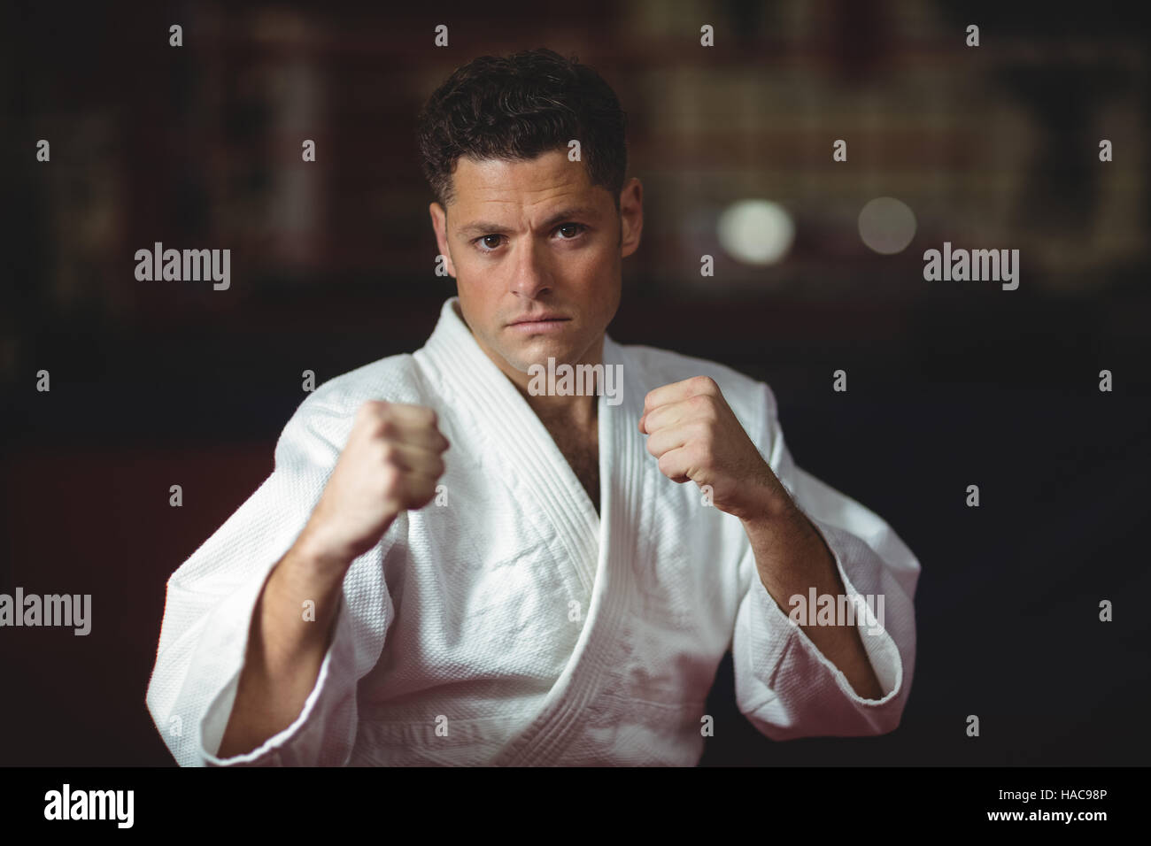 Karate player performing karate stance Stock Photo - Alamy
