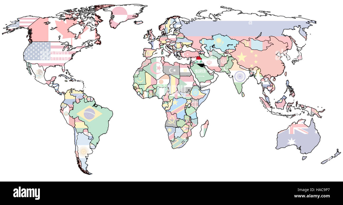 iraq flag on old vintage world map with national borders Stock Photo ...