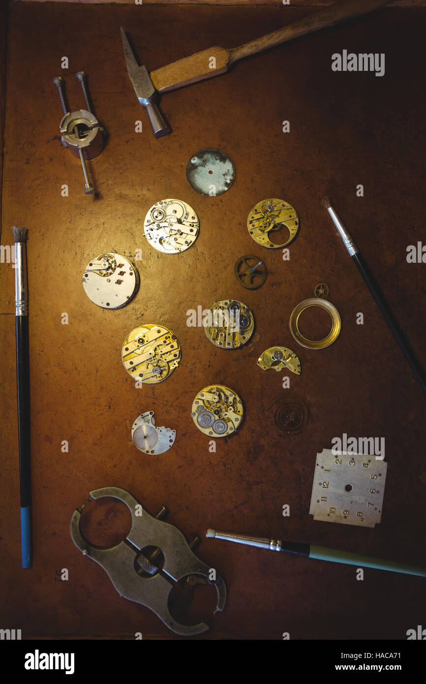 Horologists workshop with clock repairing tools Stock Photo - Alamy