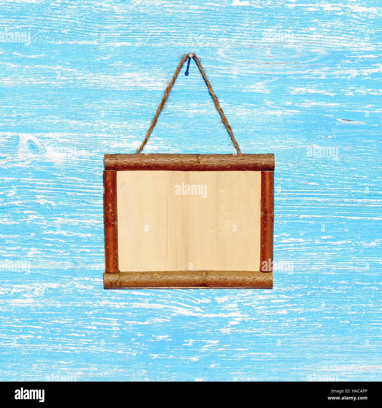 Wooden sign board blank frame on wood background Stock Photo - Alamy