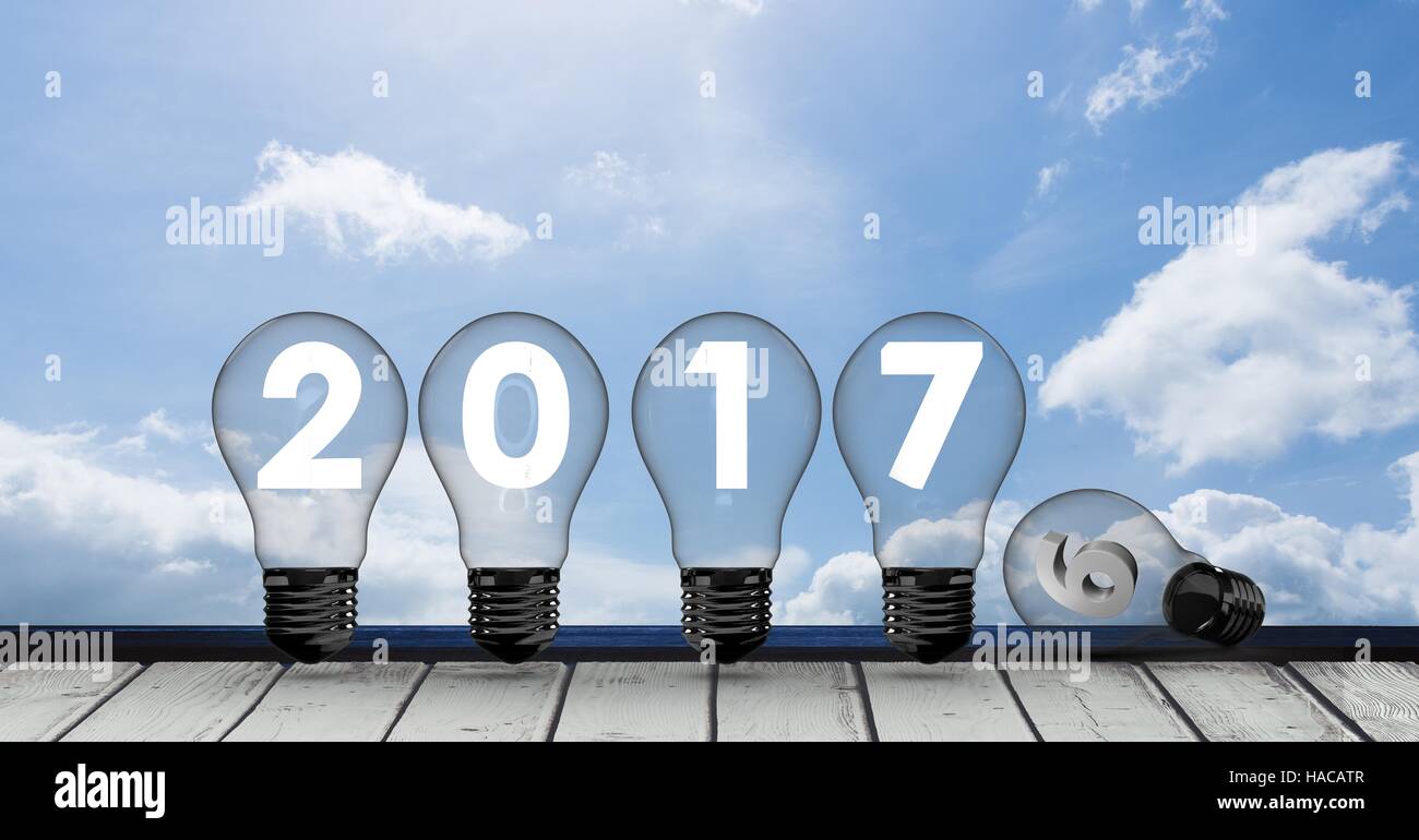 2017 inside light bulbs against a composite image 3D of sky Stock Photo ...