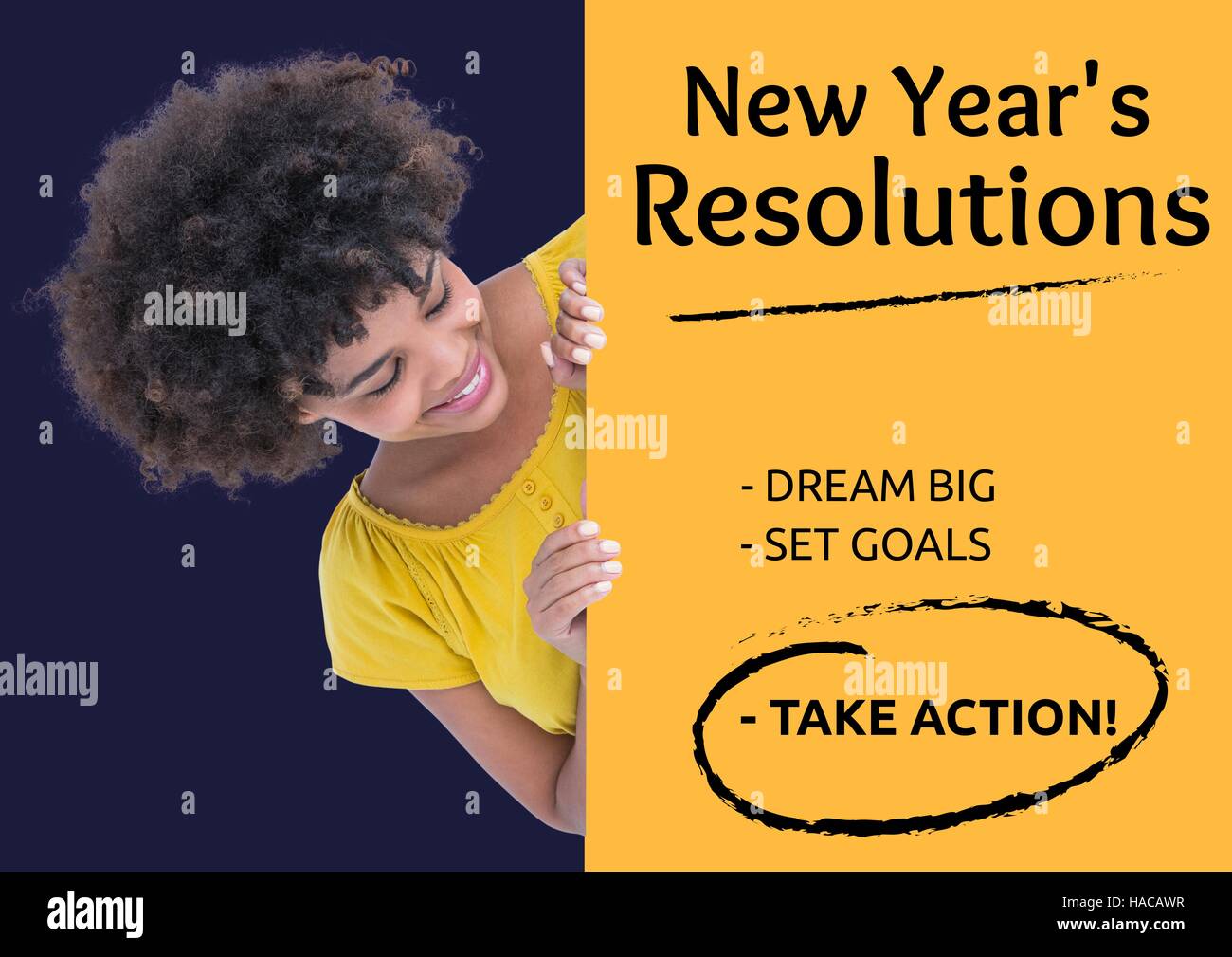Girl looking at card with new year resolution goals Stock Photo - Alamy