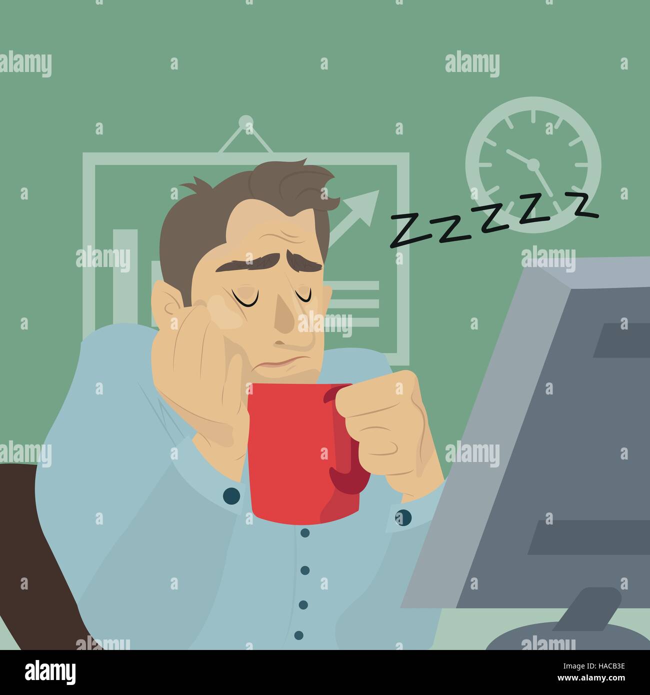 Tired employee sleeping at workplace with cup of coffee Stock Vector ...