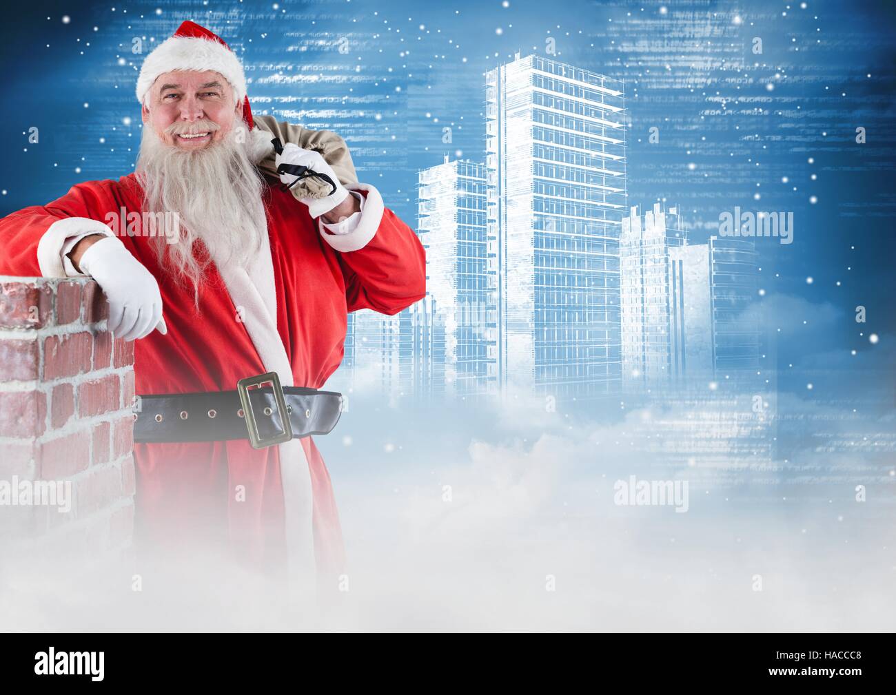 Happy santa claus leaning on a wall Stock Photo - Alamy
