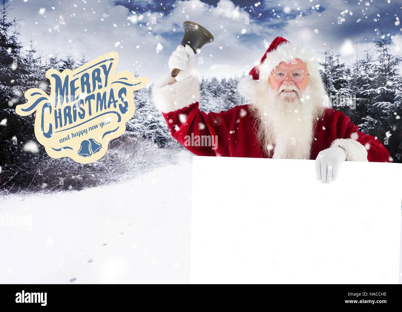 Santa claus ringing a bell while holding placard Stock Photo - Alamy