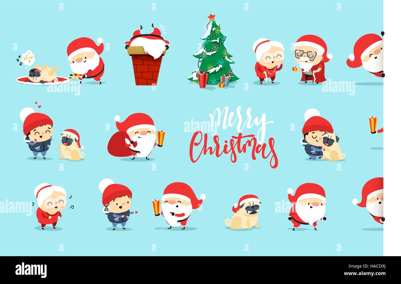 Santa Claus Funny Christmas characters in flat style. Set Santa Claus ...