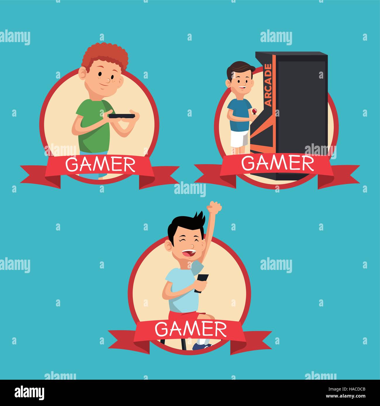 set fun gamers play video banner blue backgroung Stock Vector Image ...