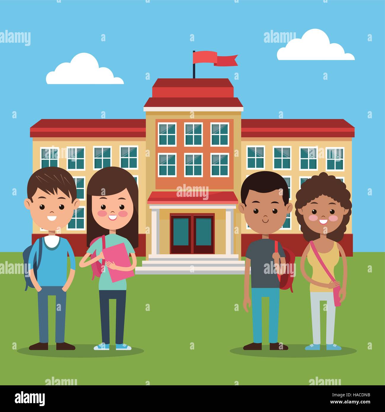 back to school group students boys and girls school building Stock ...