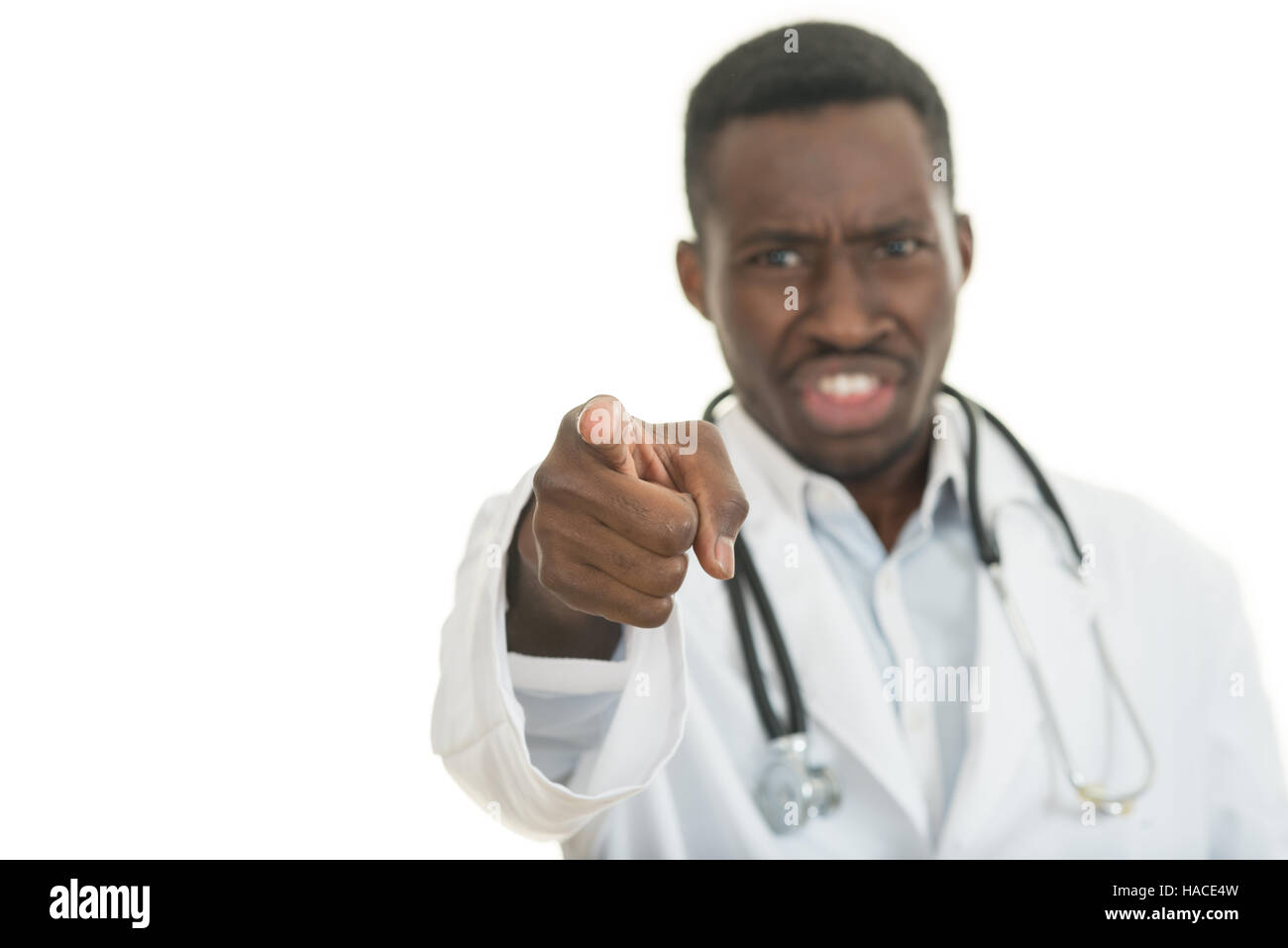 Angry african black male doctor pointing finger at you with stethoscope ...