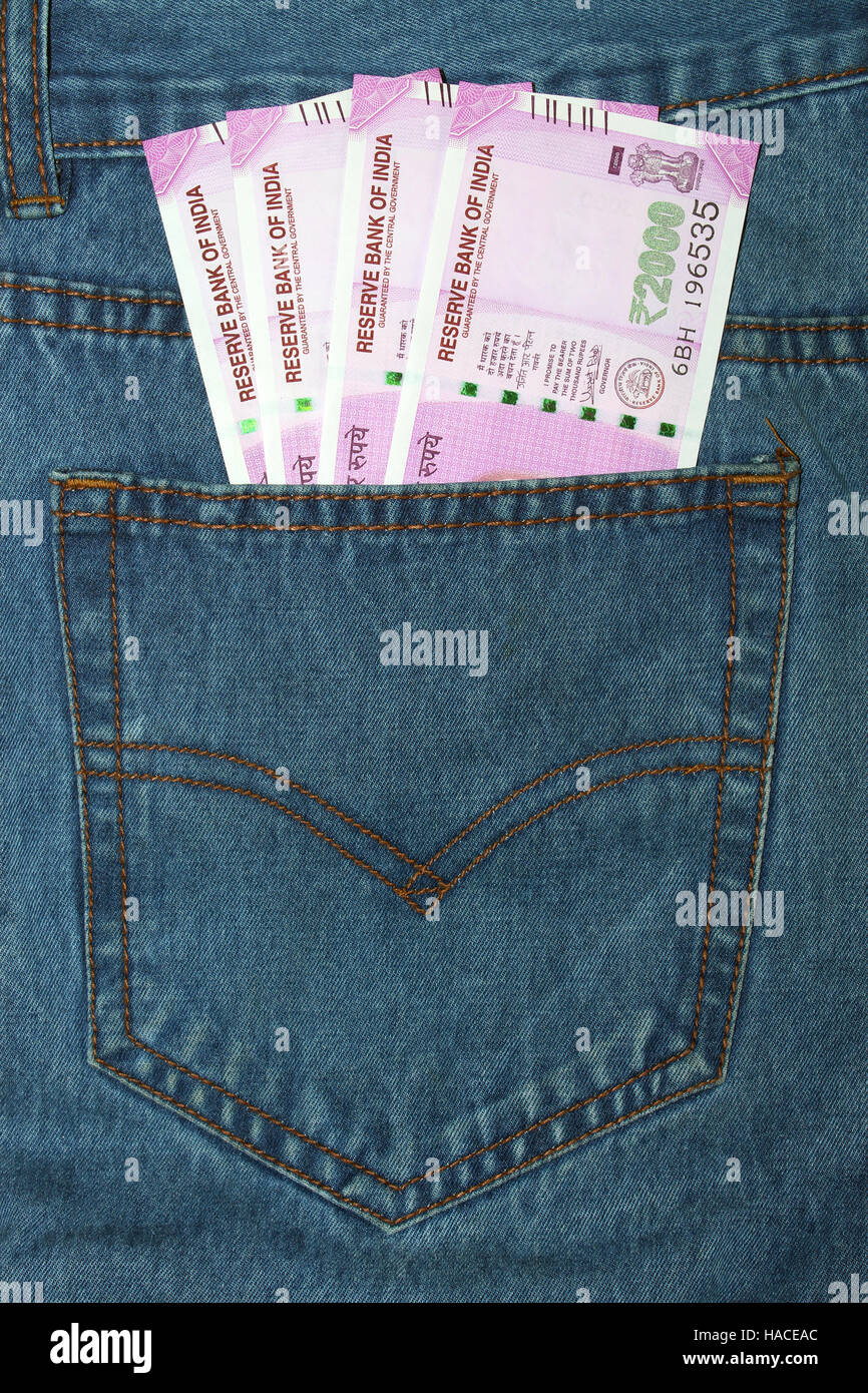 New 2000 rupee notes in an Indian mans jean back pocket Stock Photo - Alamy