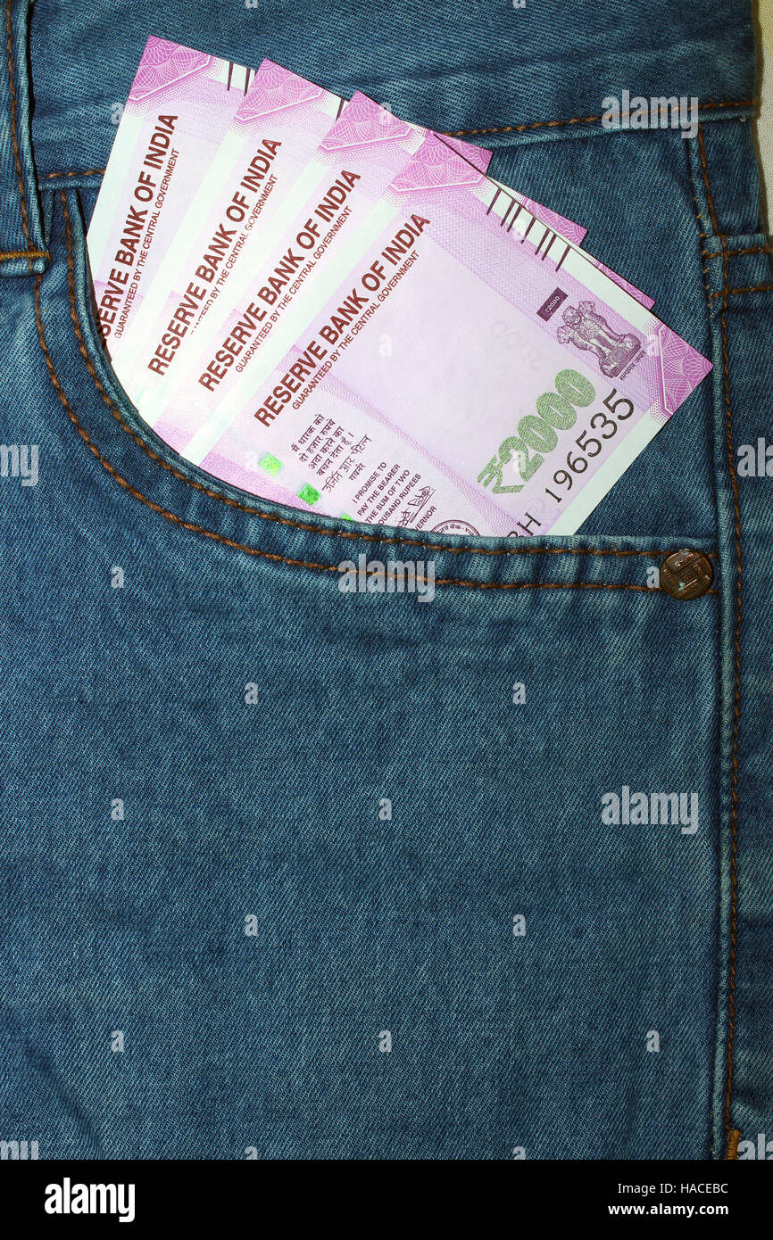 New 2000 rupee notes in an Indian mans jean front pocket Stock Photo ...