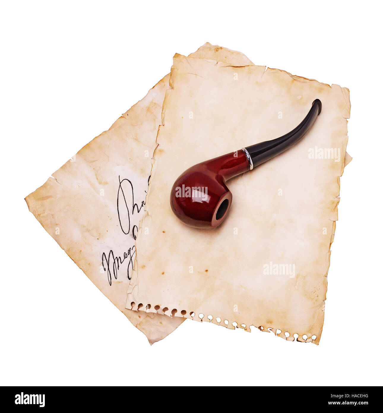 Old sheets of paper and smoking pipe isolated on white Stock Photo - Alamy