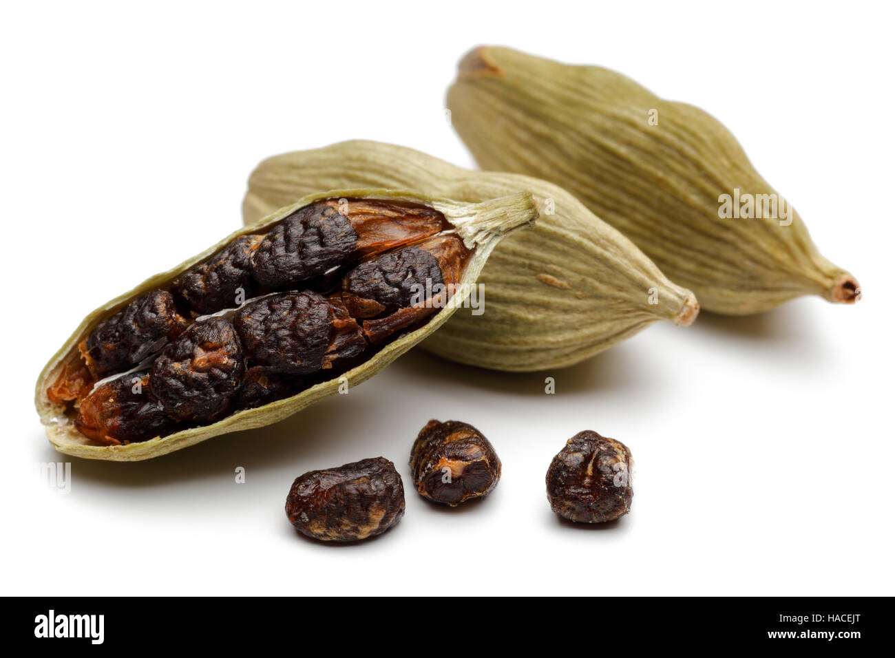 Green cardamom pods and seeds close up on white background Stock Photo ...