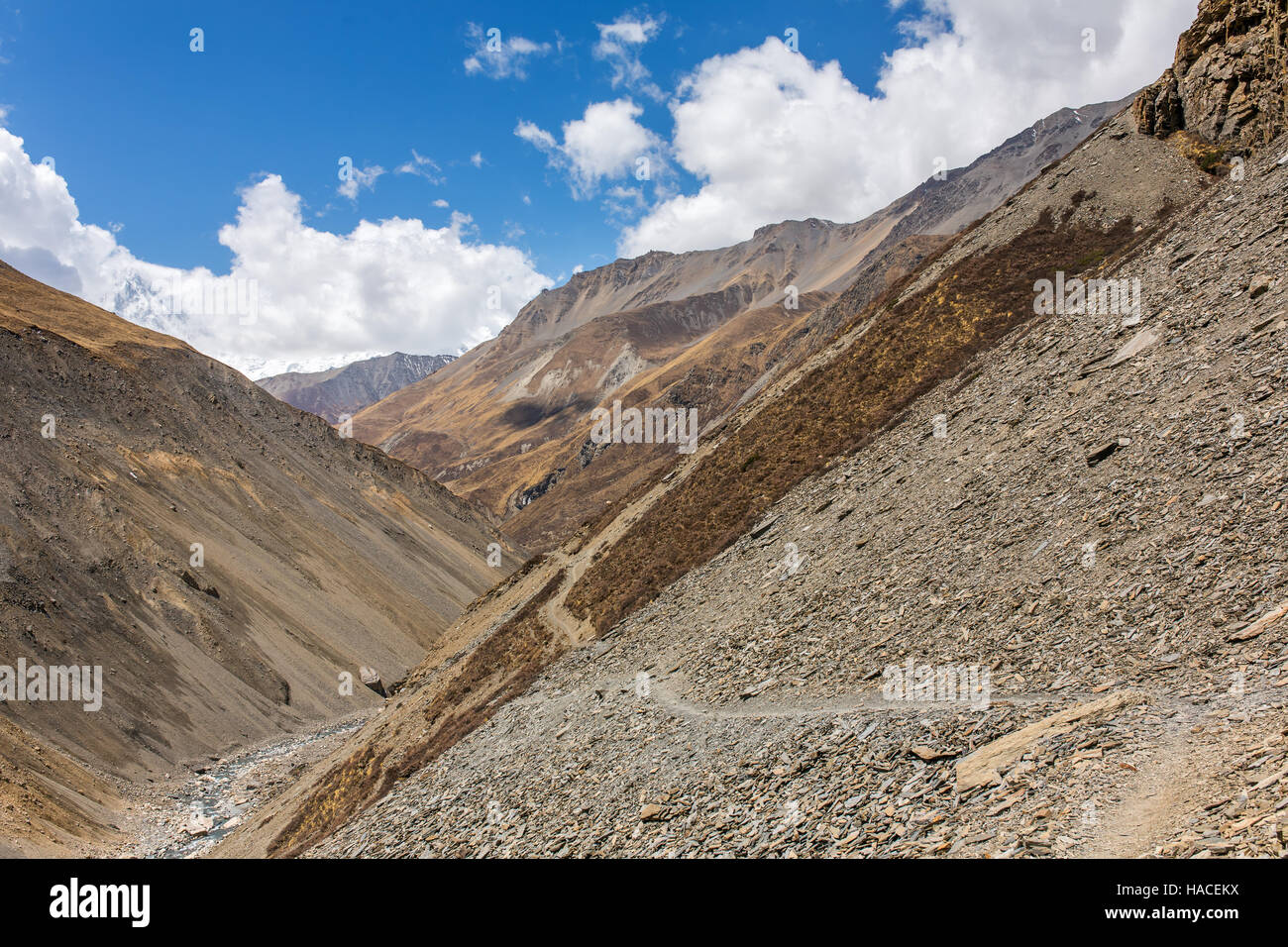 Dangerous loose rock pathways on sides of Himalayas, Nepal Stock Photo ...