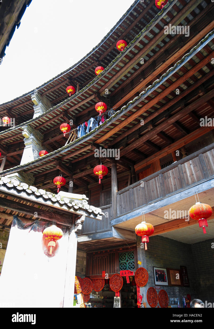 Interior of a Fujian earthen building (Tulou) community housing at ...