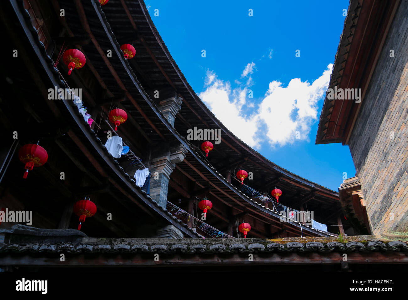 Interior of a Fujian earthen building (Tulou) at Yongding town, Fujian ...
