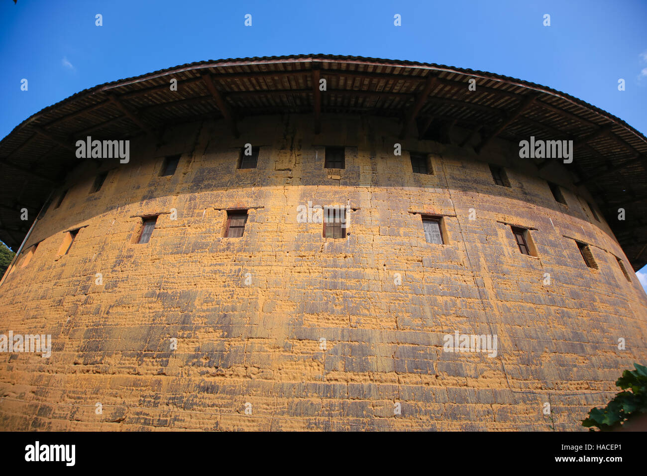 Exterior wall of fujian earthen building (Tulou) community housing at ...