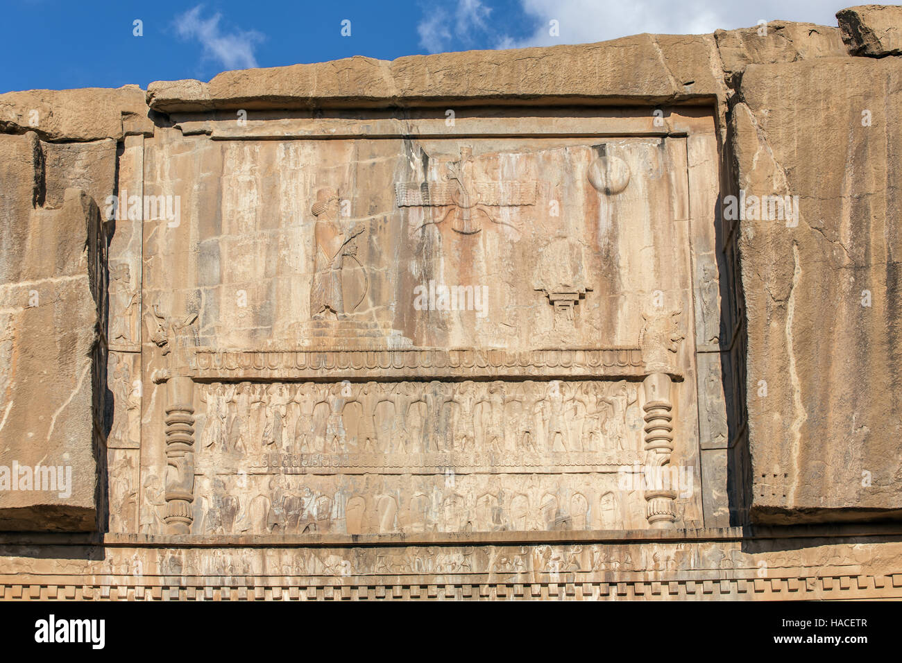 Faravahar - relief of winged sun symbol of Zoroastrianism in ruined ...