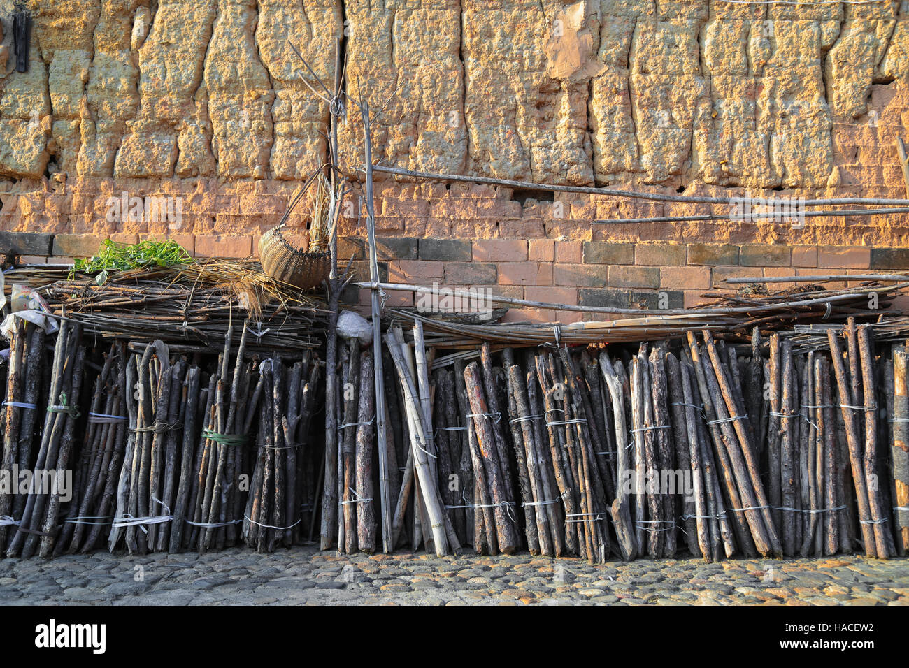 Pile of tied up wooden logs Stock Photo - Alamy