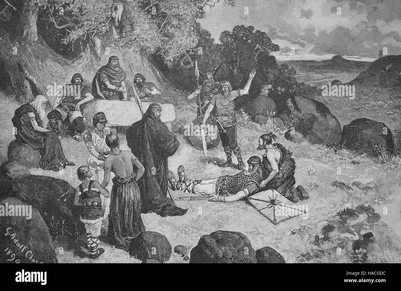 old German court in the 9. century, historic illustration, woodcut ...