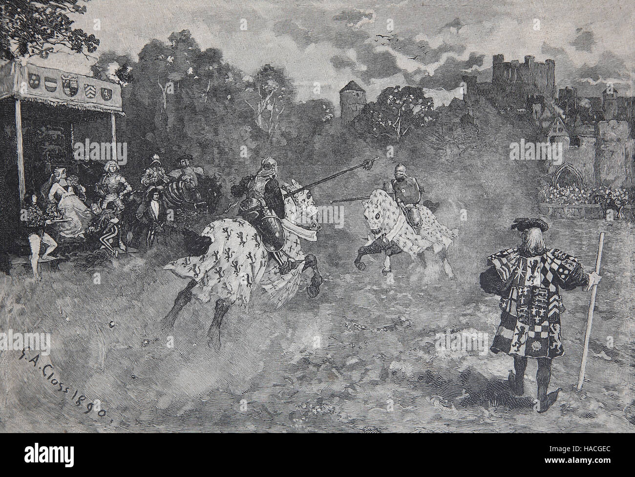 Knight tournament in the Middle Ages, historic illustration, woodcut ...