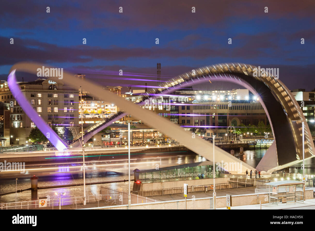 View from Gateshead Quays as Millennium bridge opens/tilts with ...