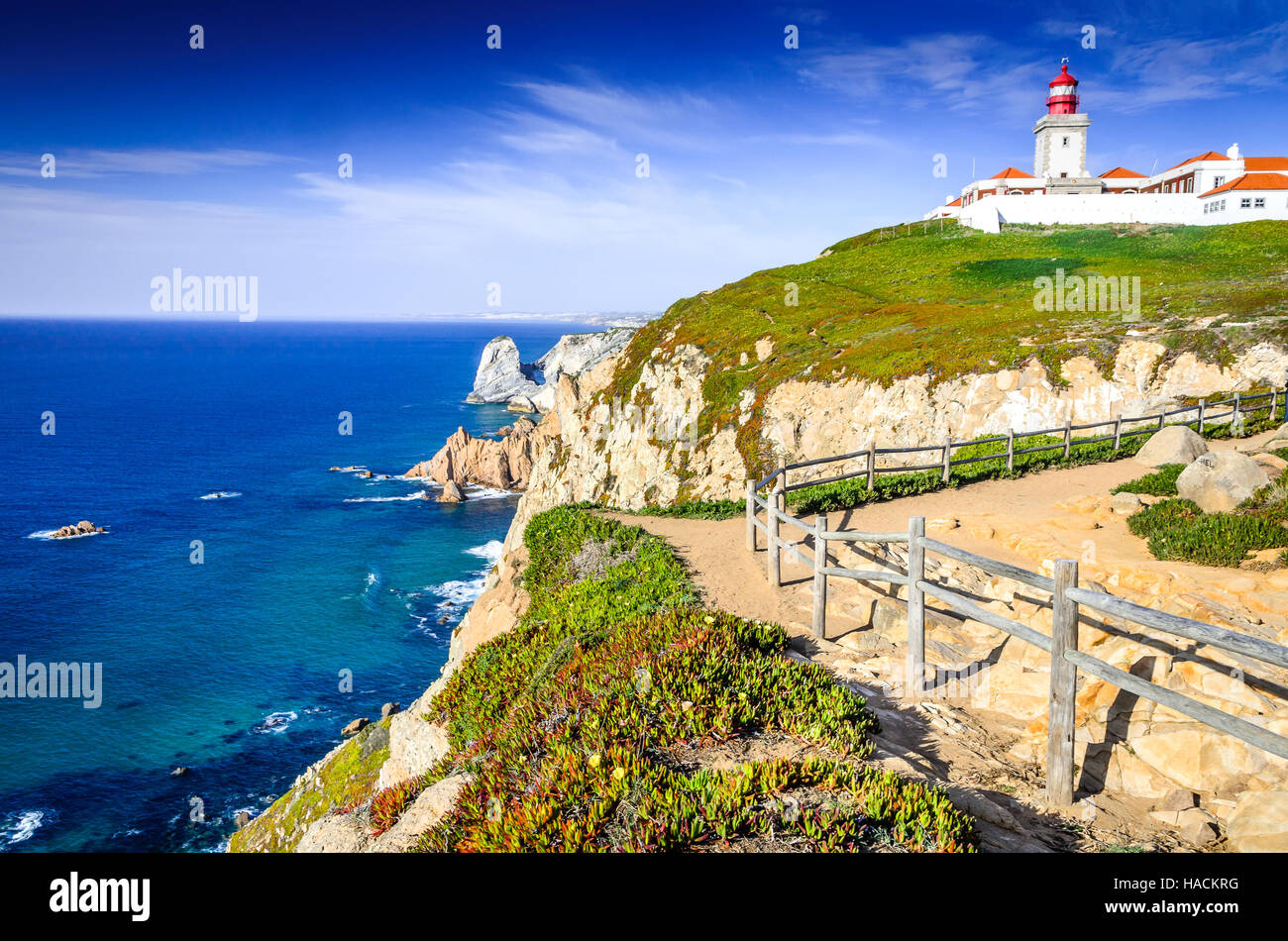 Cabo da Roca, Portugal. Lighthouse and cliffs over Atlantic Ocean, the ...